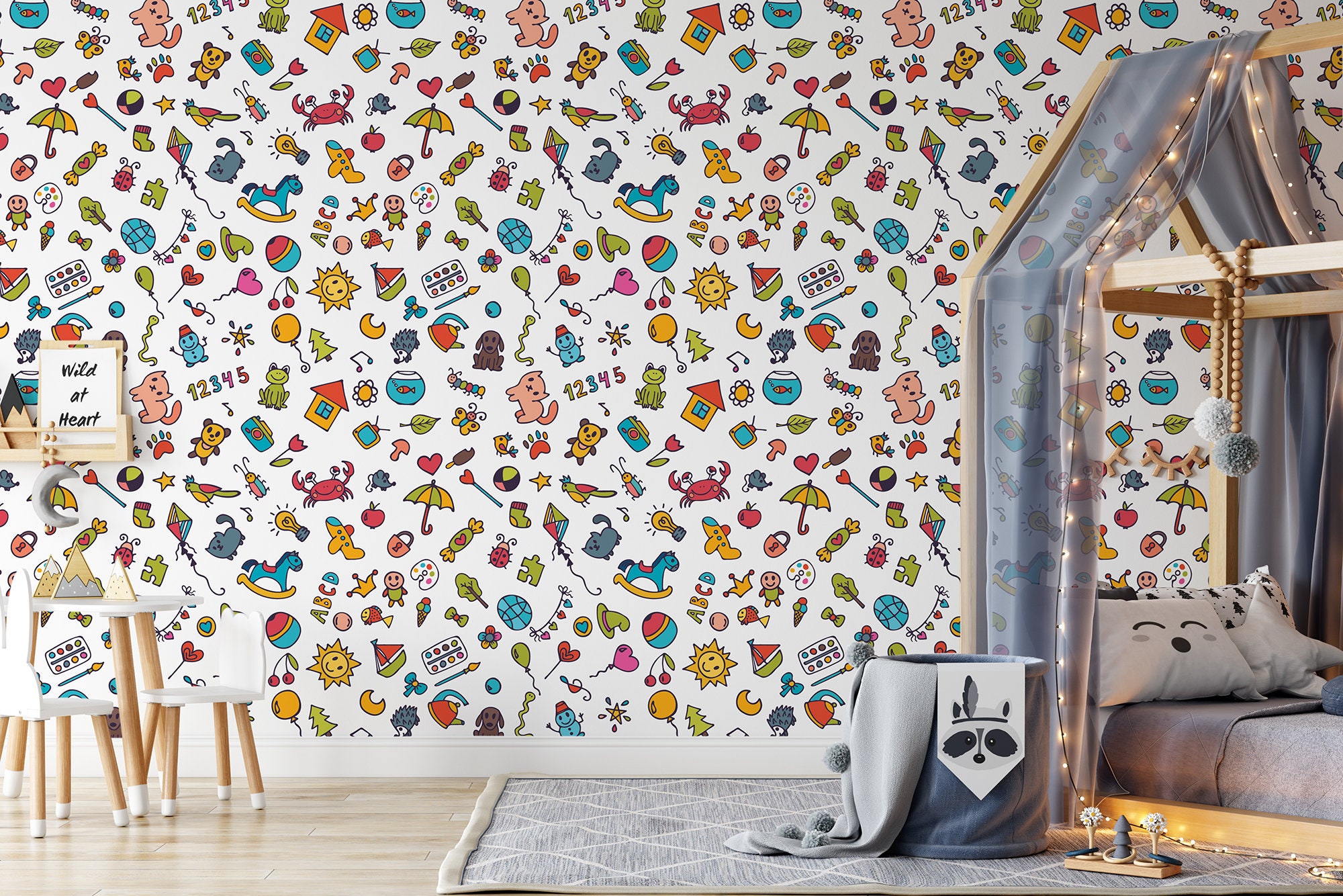 Colorful wallpaper with animals and things For Kids self | Etsy