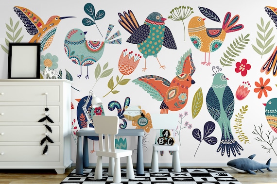 Colorful Bird Wallpaper for Kids Self Adhesive Peel and | Etsy