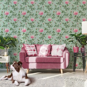 Mint Green Wallpaper With Beautiful Pink Blooming Roses || Peel and ...