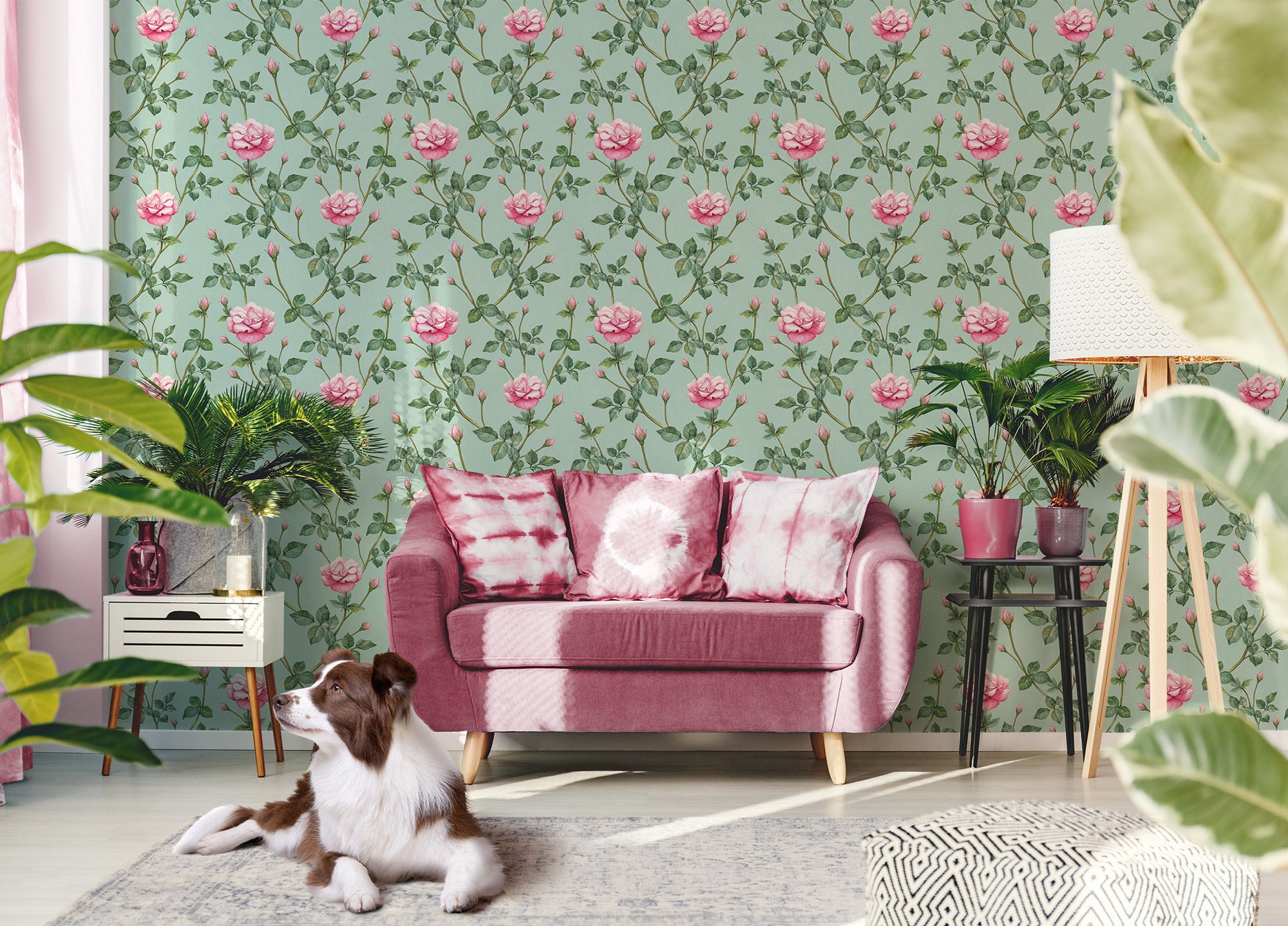 Mint green wallpaper with beautiful pink blooming roses - Etsy Polska