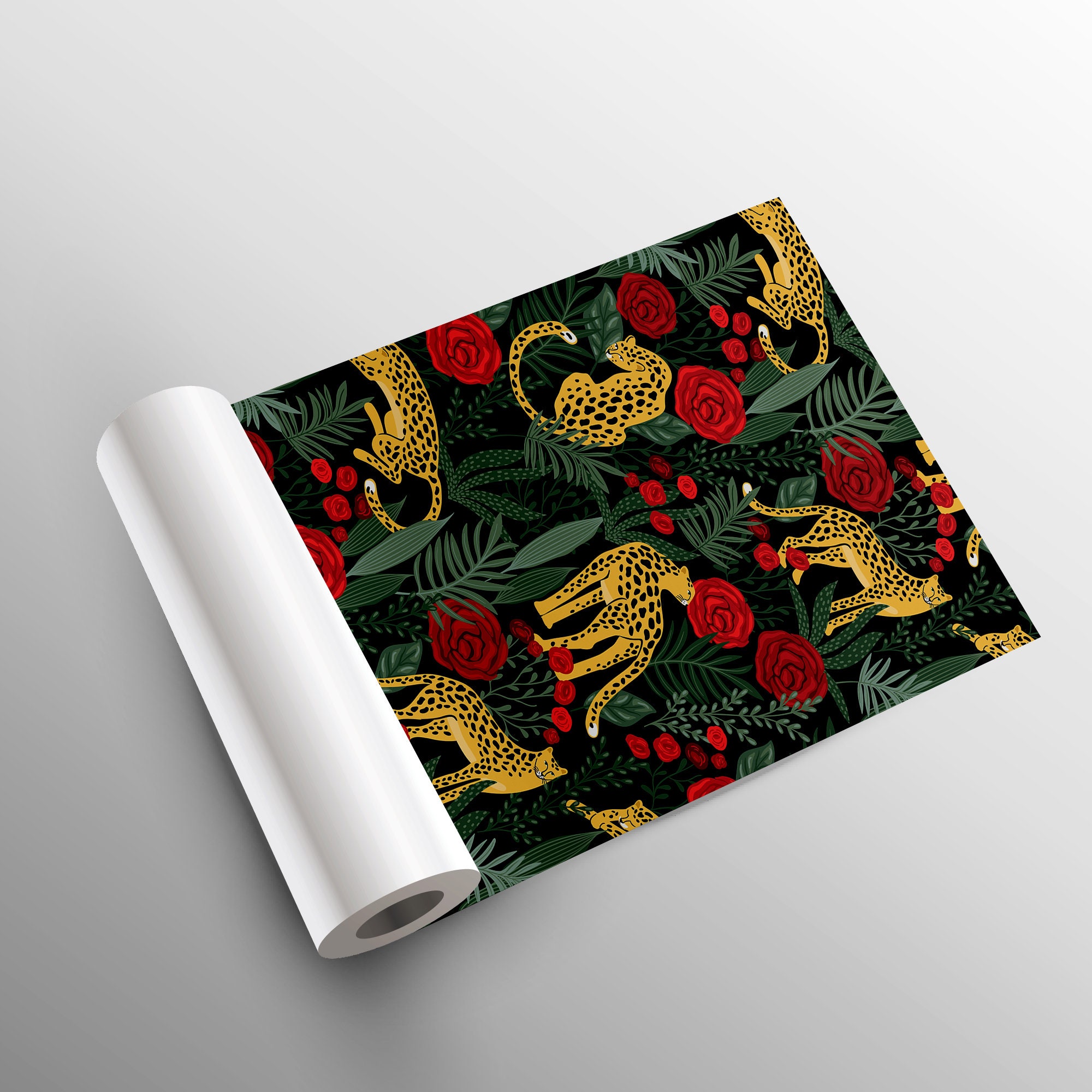 Wallpaper With Green Leaves Leopards and Red Roses Self | Etsy