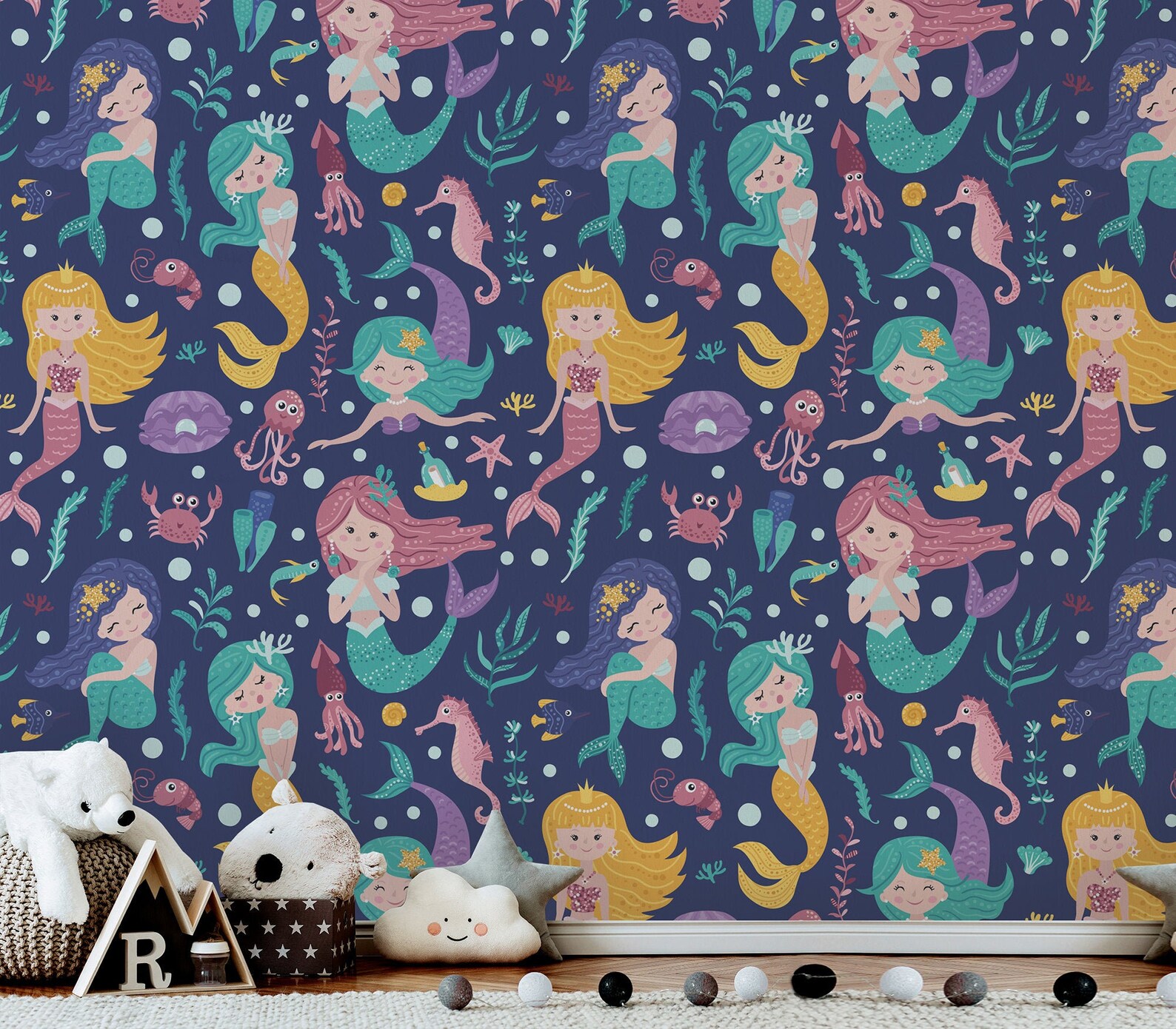 Wallpaper with mermaids and pearls For Kids self adhesive | Etsy