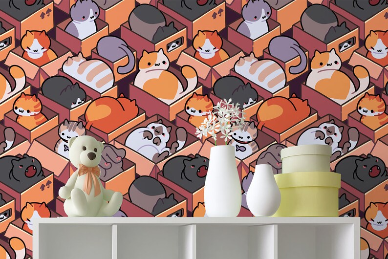 Cartoon Wallpaper With Cute Cats in Boxes Wallpaper for Kids - Etsy