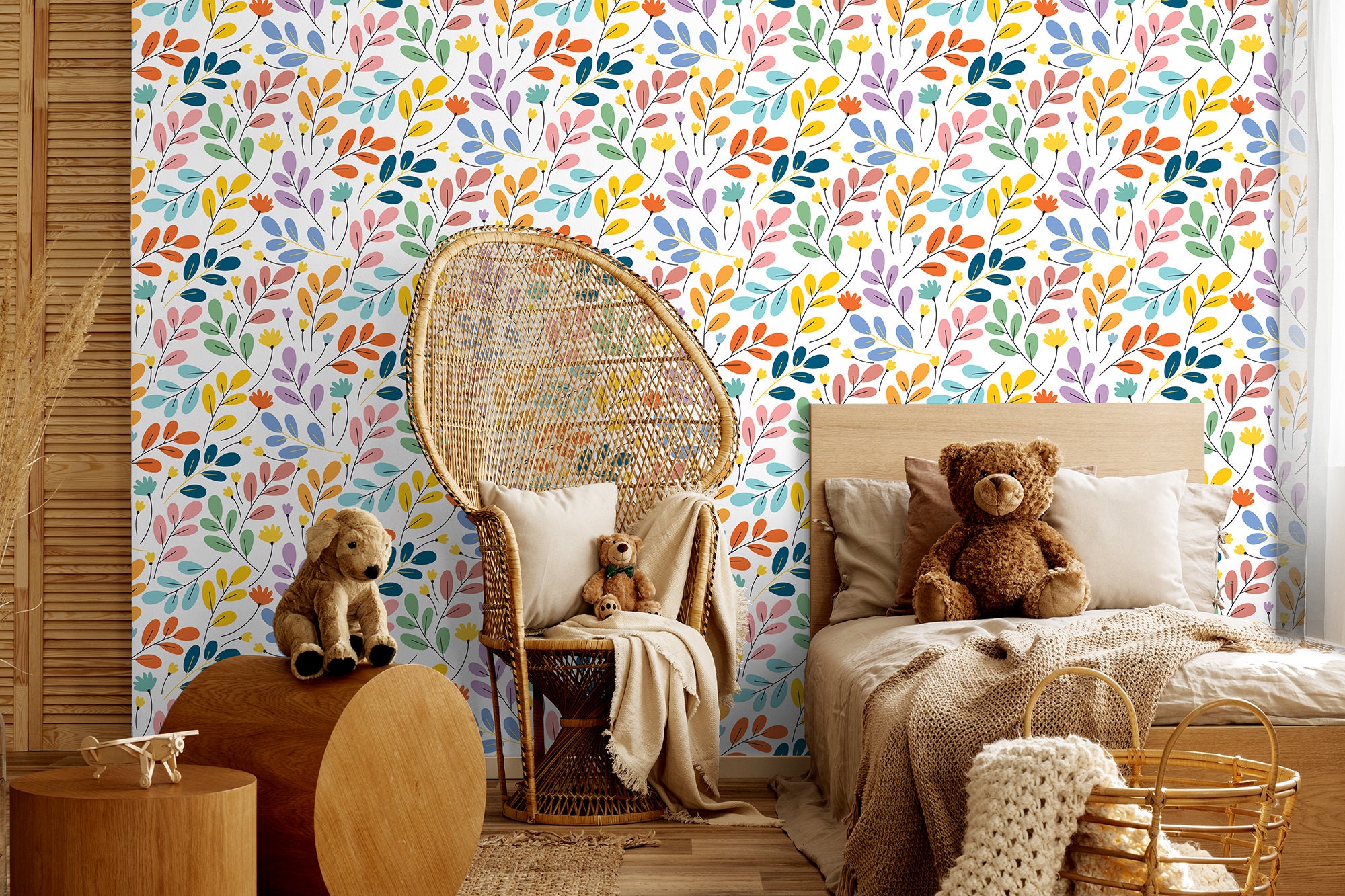 Wallpaper With Colorful Decorative Cartoon Leaf Pattern for - Etsy