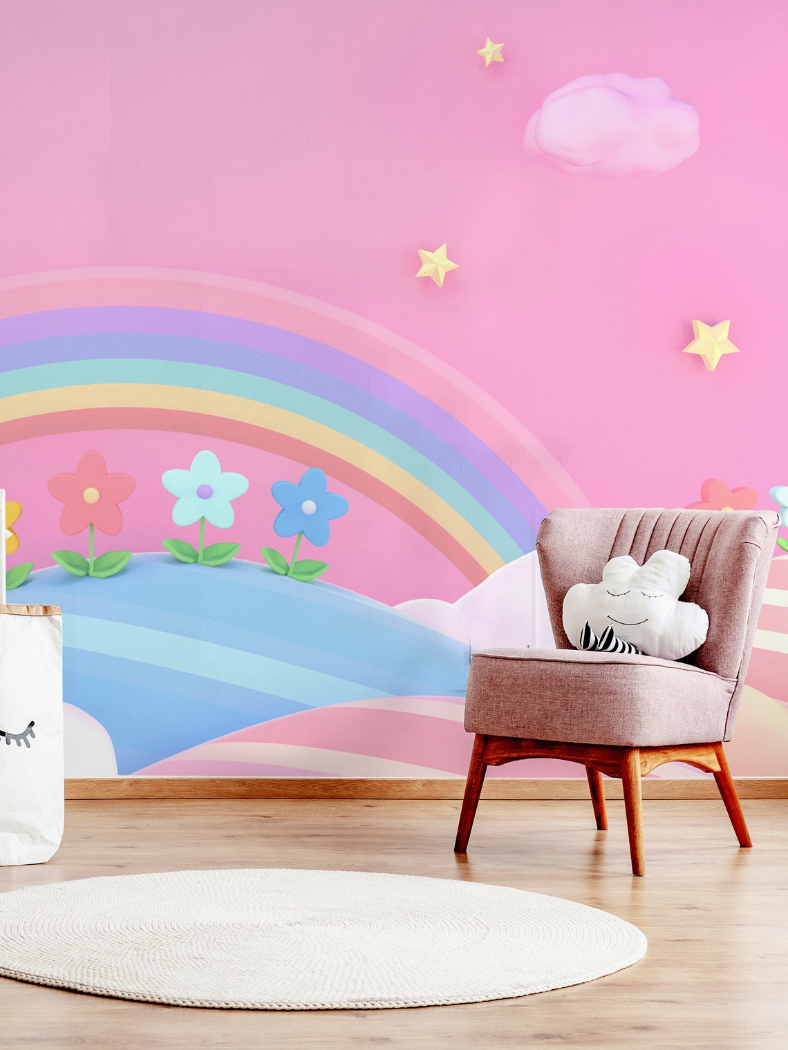 Pink Wallpaper With Rainbow and Flowers for Kids Self | Etsy