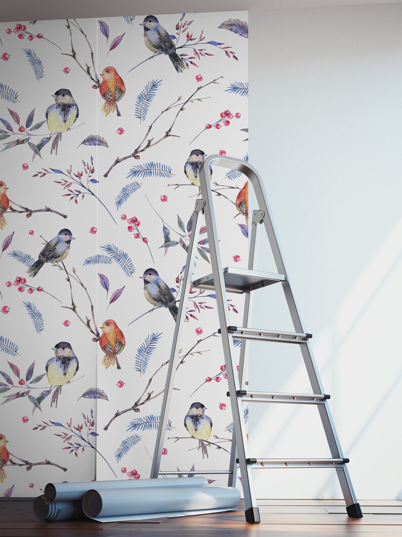 Watercolor Wallpaper With Blue and Red Bird Pattern for - Etsy