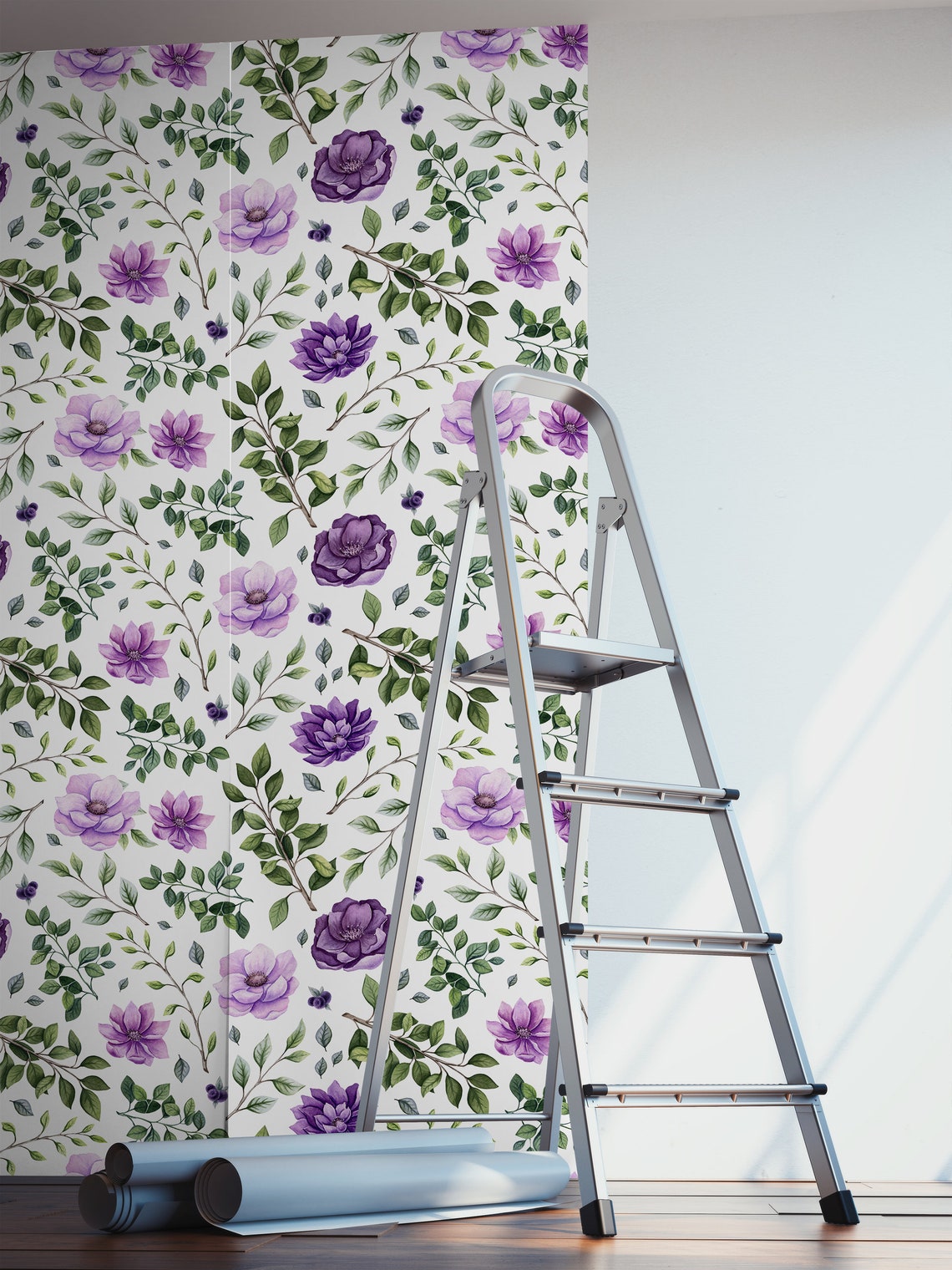 Watercolor Wallpaper With Purple Floral Pattern Peel and - Etsy