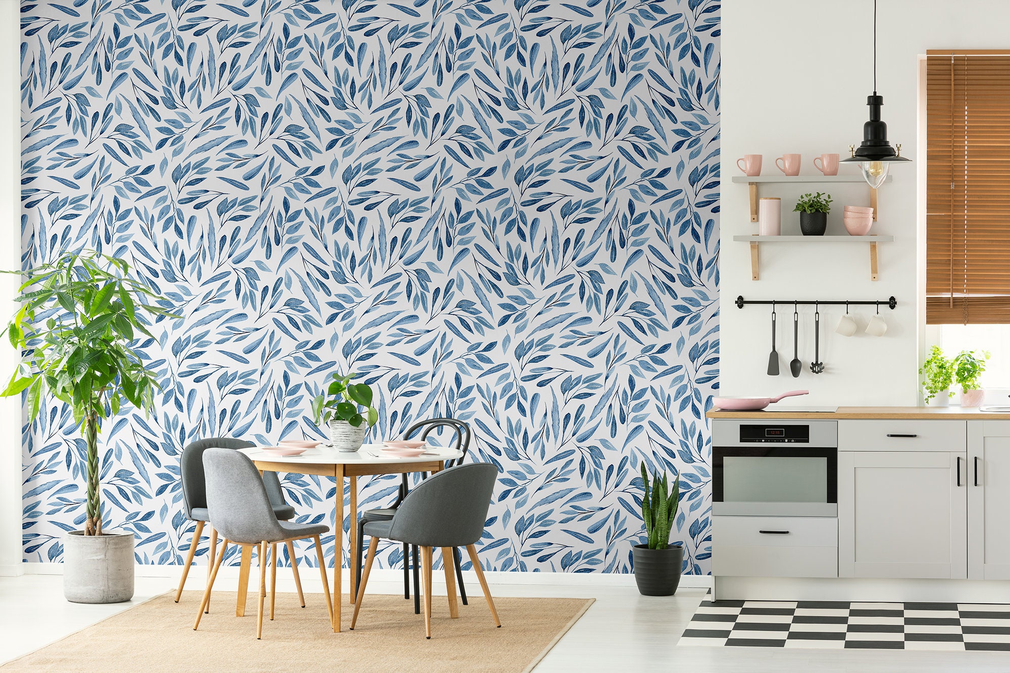 Watercolor Wallpaper With Small Blue Leaf Pattern Self - Etsy