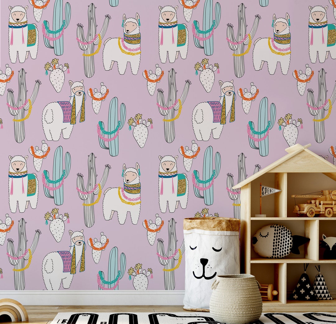 Lilac Wallpaper With Alpacas and Cactuses || for Kids, Self Adhesive ...
