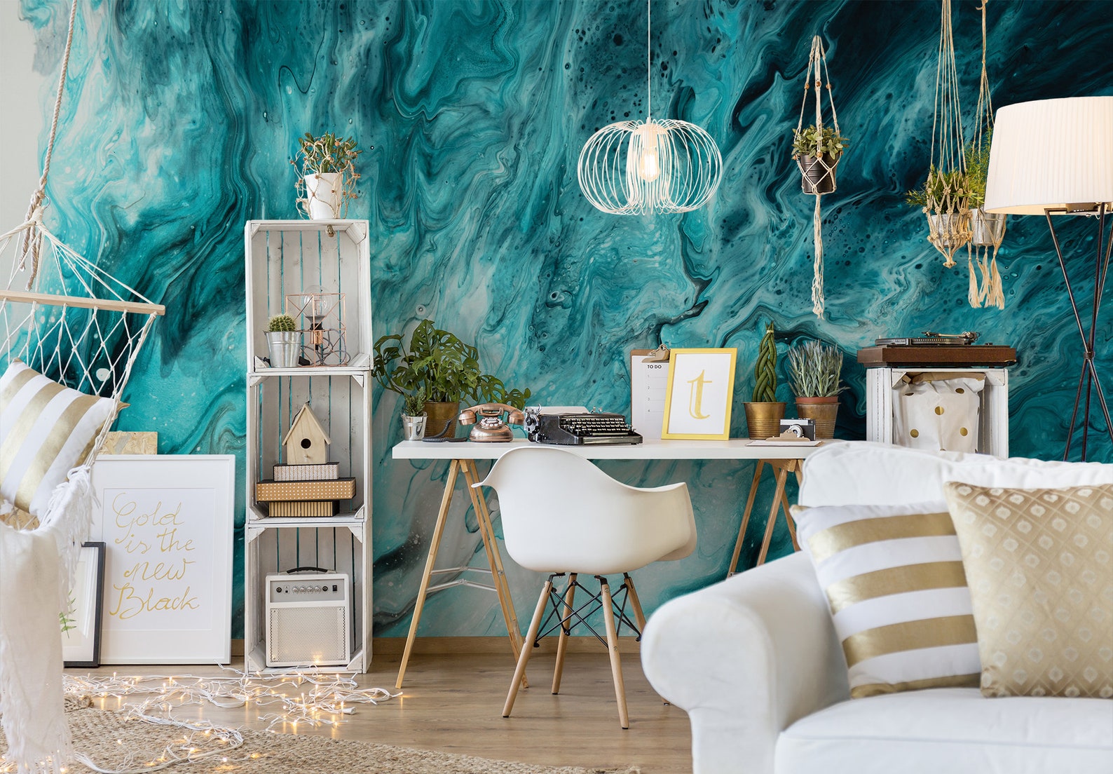 Teal Acrylic Art Wallpaper Abstract Marbled Wavy Pattern - Etsy