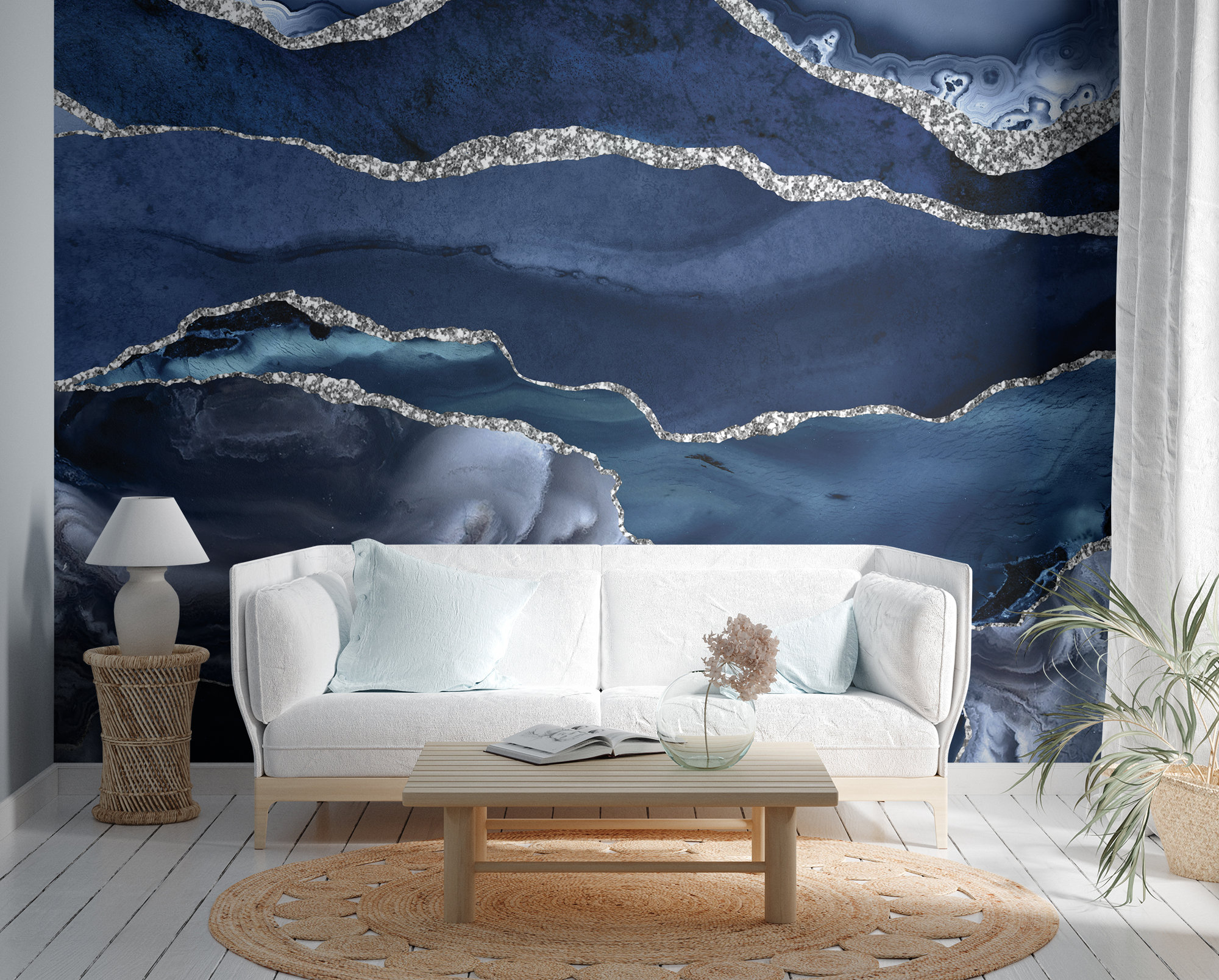 Navy and Silver Matte Agate Surface Wallpaper, Dark Stone Mural (no ...
