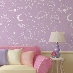 Lilac Space Wallpaper, Planets & Constellations Print, Kids Wall Mural ...