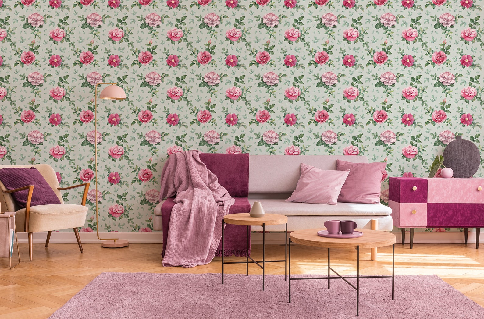 Mint Green Wallpaper With Watercolor Pink Roses Peel and Stick Floral ...