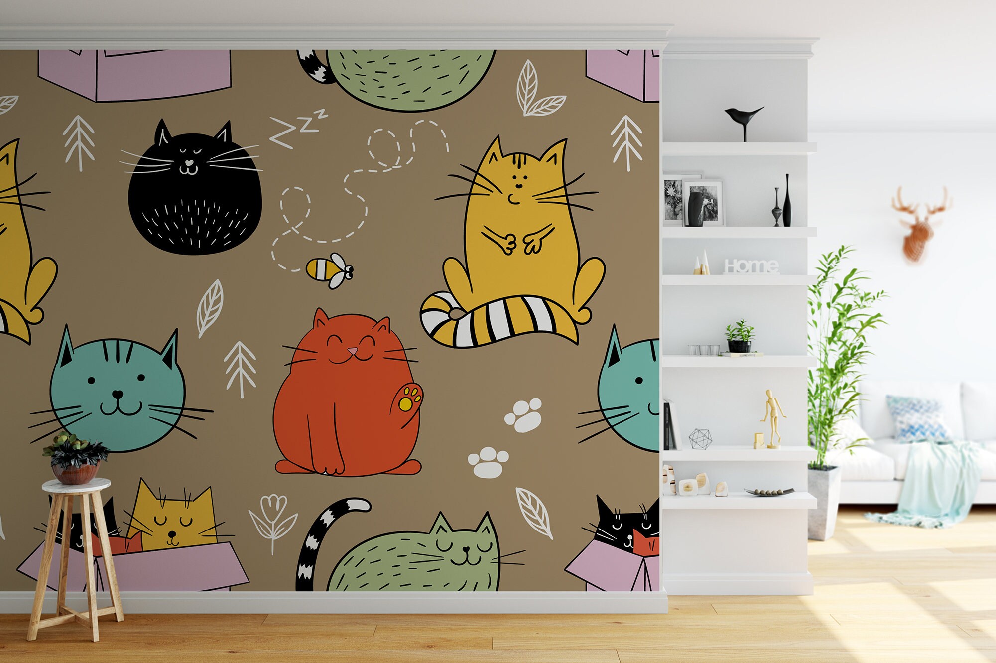 Light Brown Wallpaper With Funny Cartoon Cats for Kids - Etsy