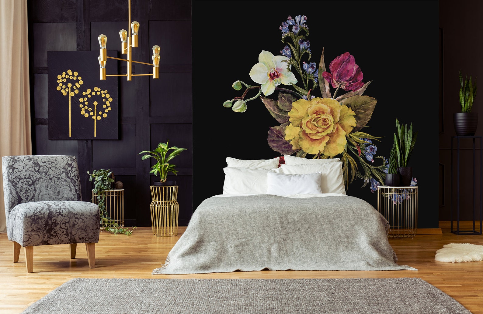 Black Wallpaper With Watercolor Floral Bouquet, Self Adhesive, Peel and ...