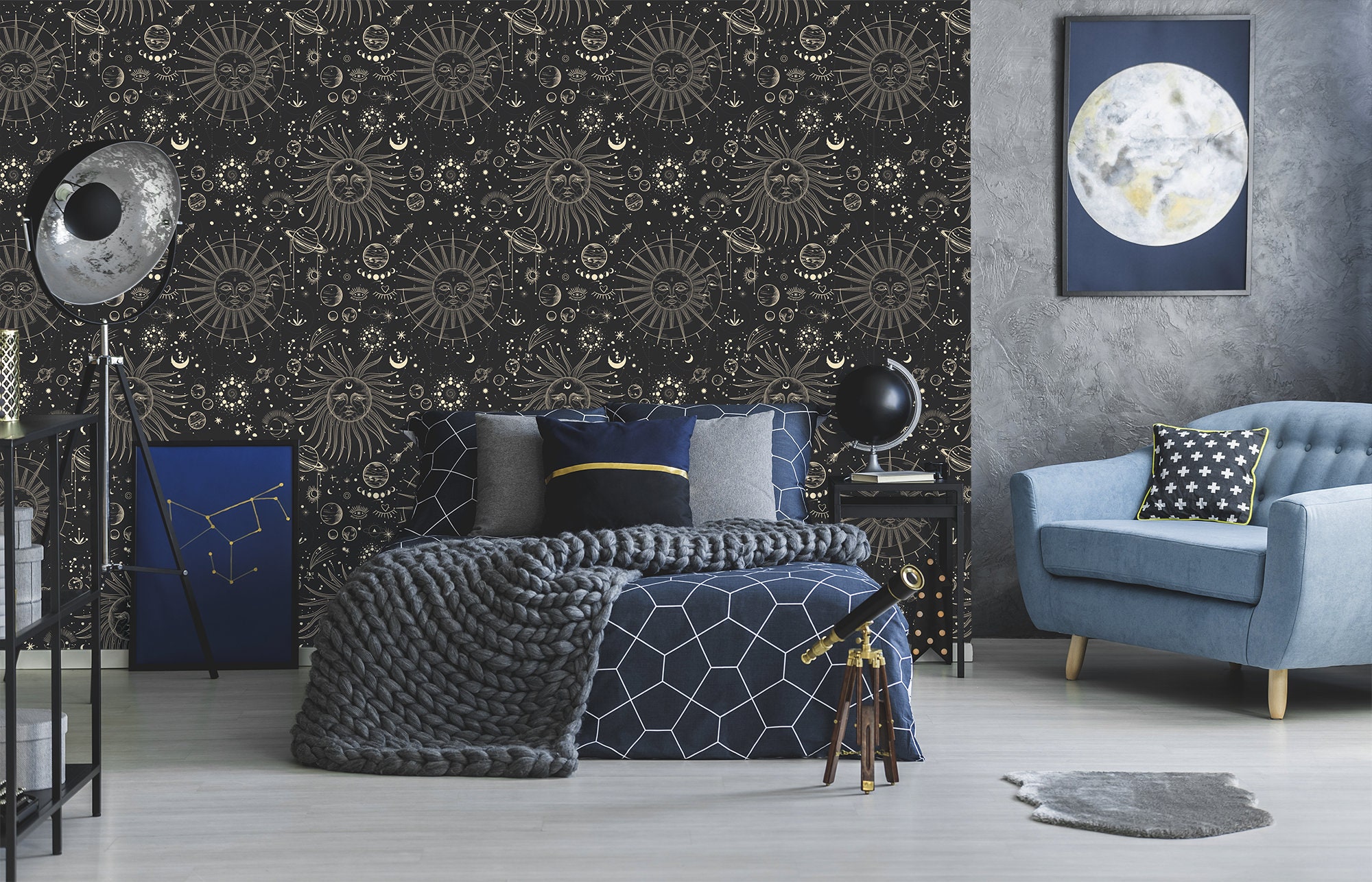 Dark Cosmic Pattern Wallpaper Peel and Stick Floral Wall - Etsy