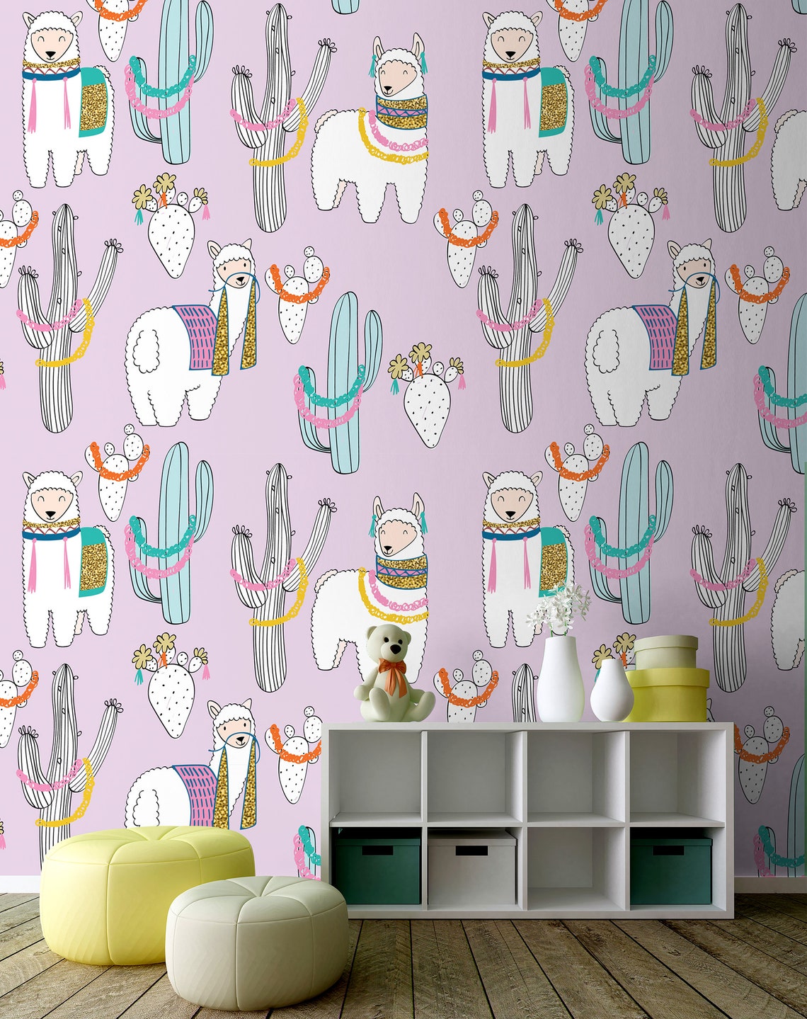 Lilac Wallpaper With Alpacas and Cactuses || for Kids, Self Adhesive ...