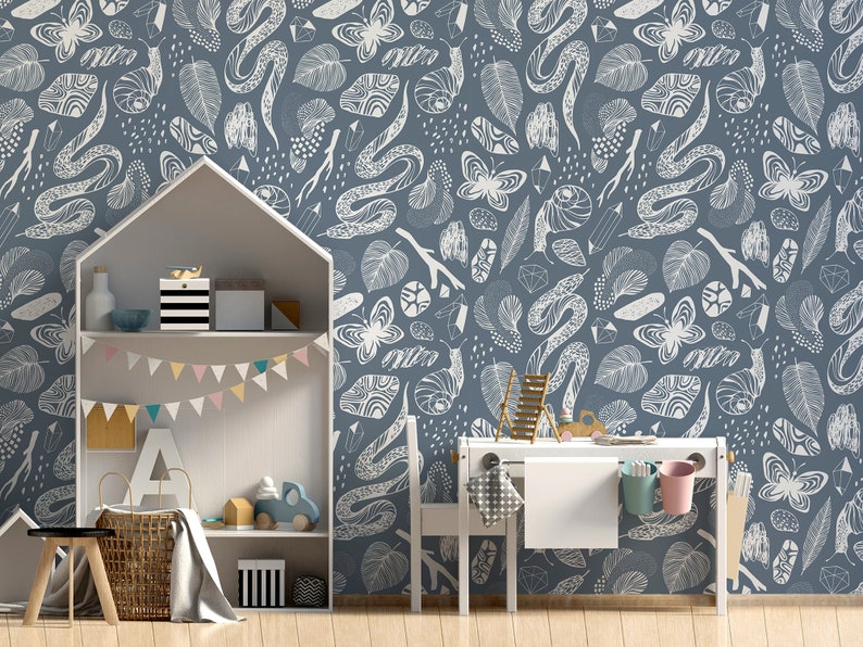 Gray-blue Wallpaper With White Nature Themed Patterns for - Etsy