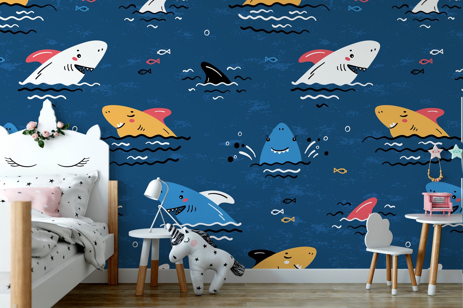 Ocean Full of Funny Sharks Cartoon Wallpaper for Kids | Etsy