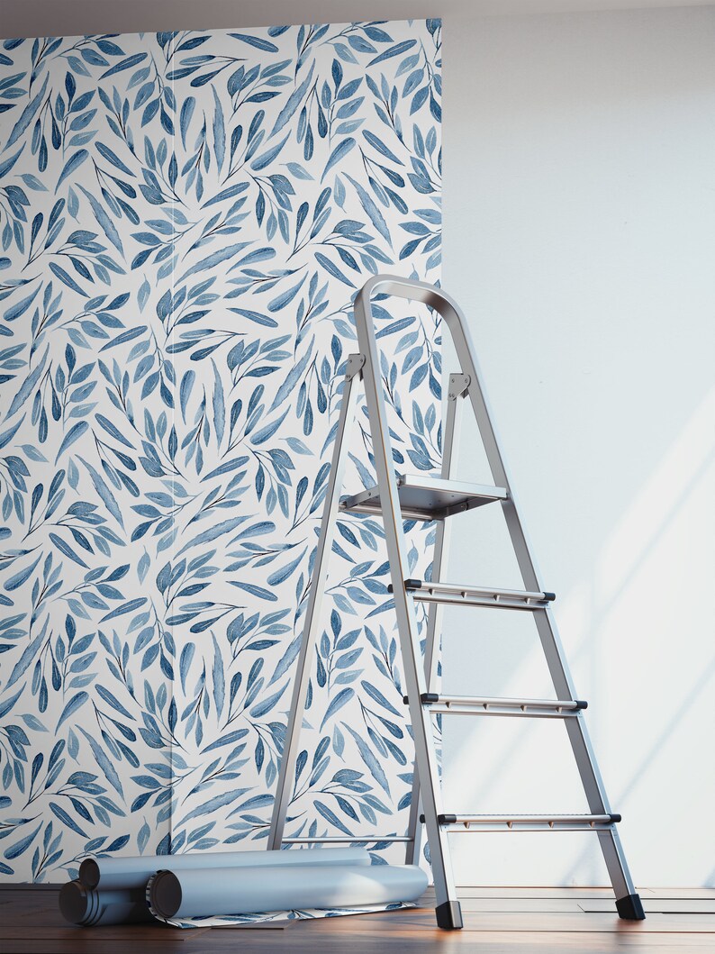Watercolor Wallpaper With Small Blue Leaf Pattern Self | Etsy
