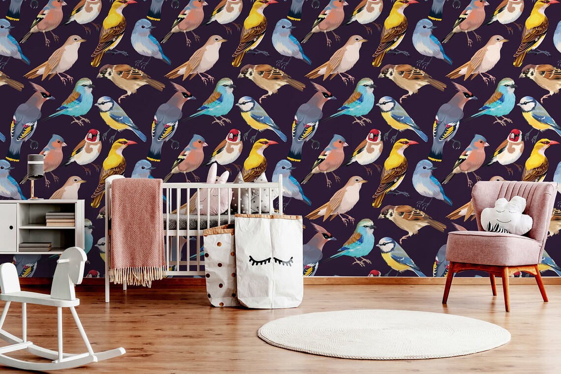 Purple Wallpaper With Beautiful Birds for Kids Self | Etsy