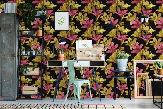 Pink and Yellow Lilies Pattern Wallpaper Peel and Stick | Etsy