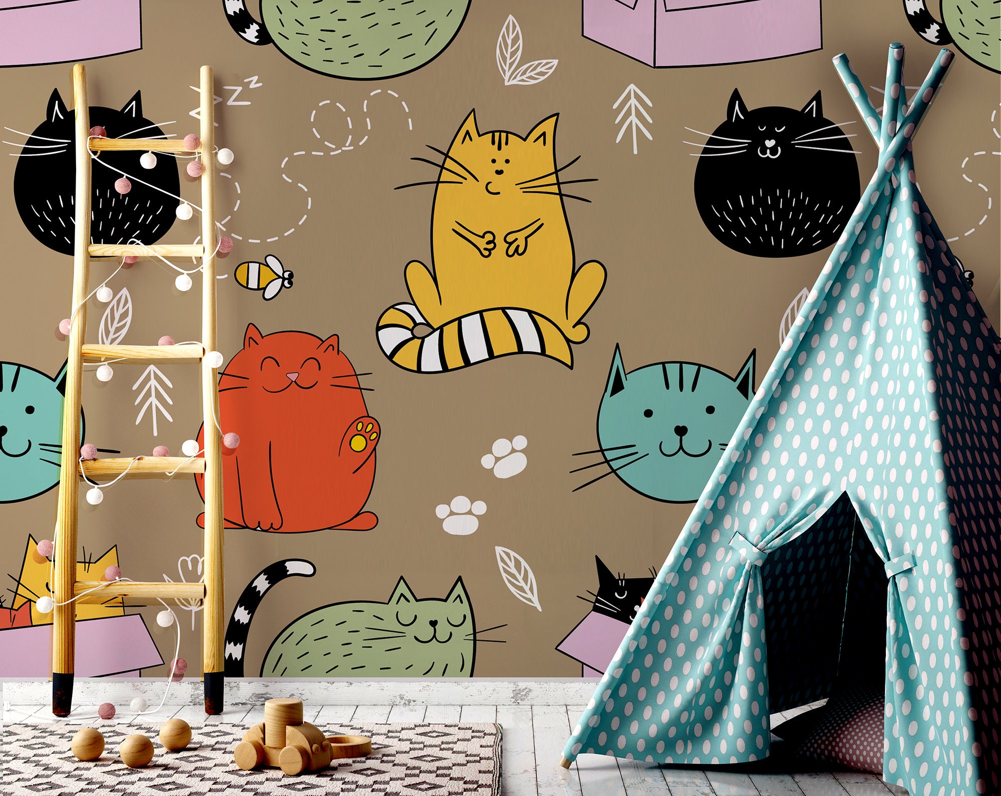 Light Brown Wallpaper With Funny Cartoon Cats for Kids - Etsy