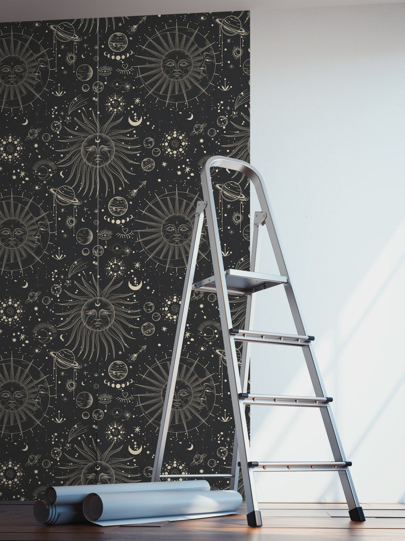 Dark Cosmic Pattern Wallpaper Peel and Stick Floral Wall - Etsy