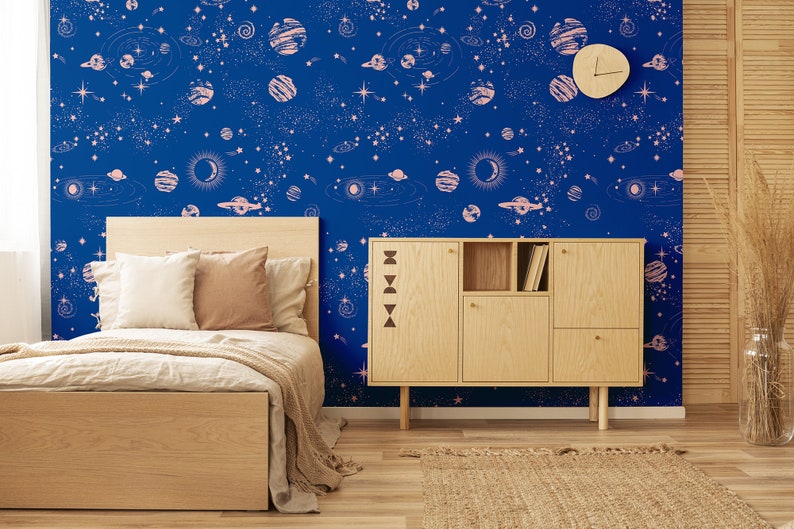 Blue Astro Wallpaper With Planets and Galaxies Self Adhesive - Etsy