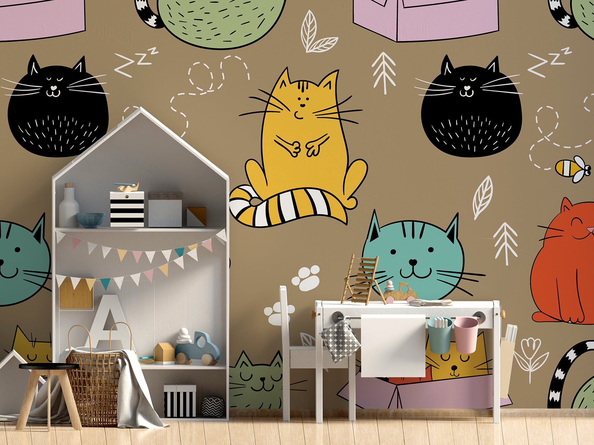 Light Brown Wallpaper With Funny Cartoon Cats for Kids - Etsy