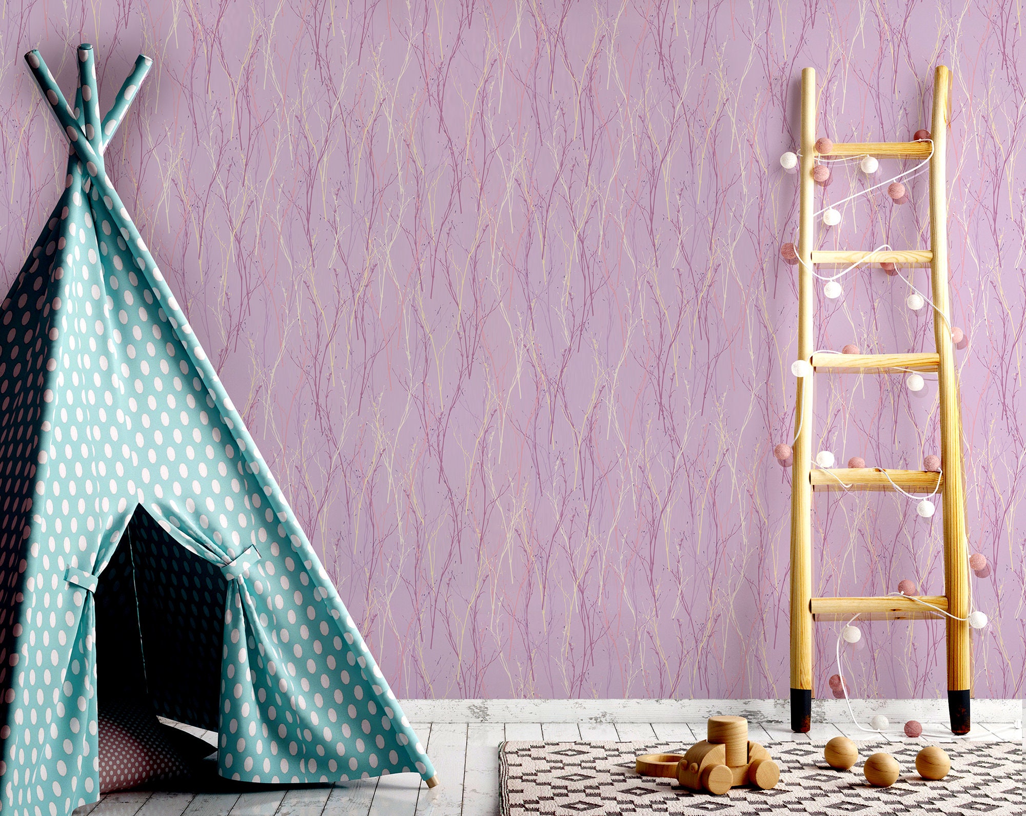 Pink Wallpaper With Abstract Branches for Kids Self - Etsy