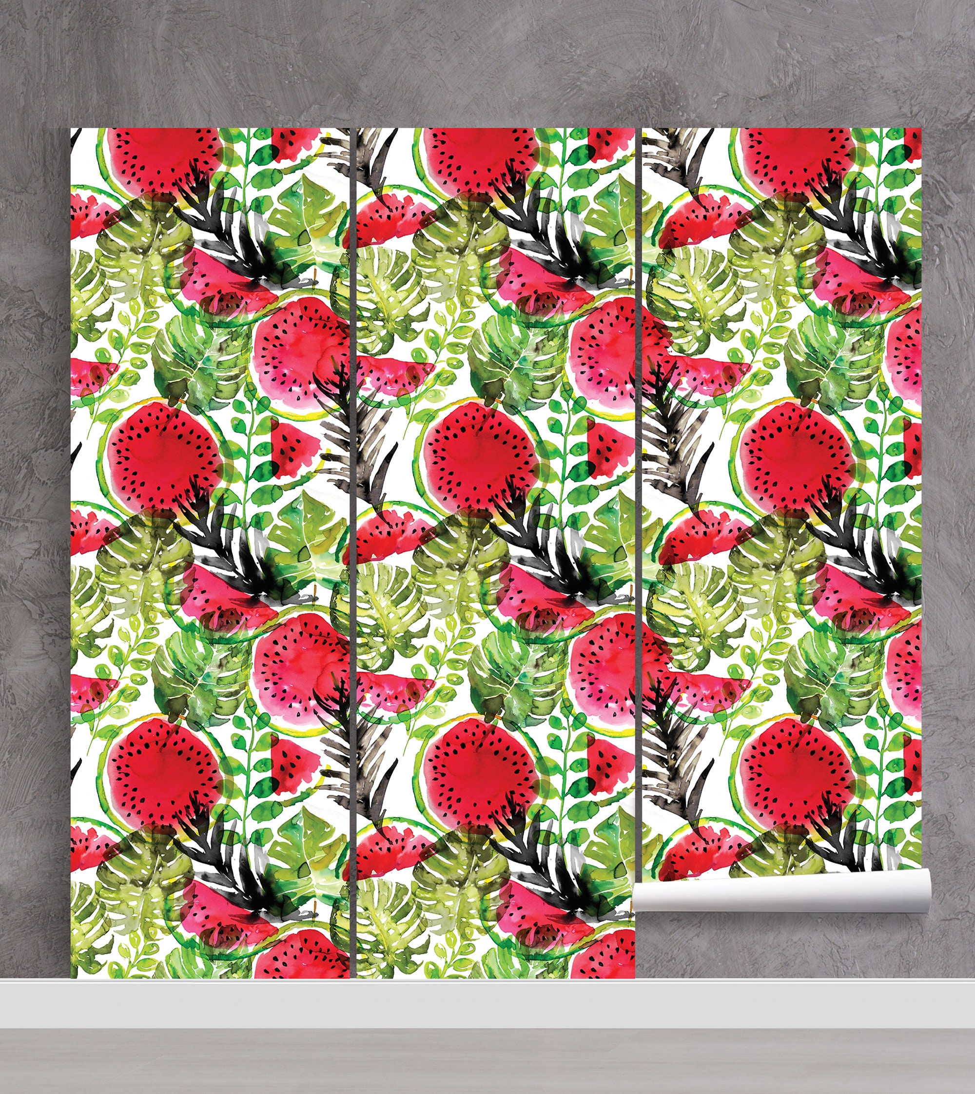 Fruity Wallpaper With Red Watermelon and Tropical Leaves Self - Etsy
