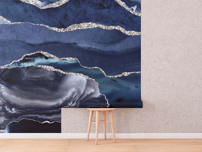 Navy and Silver Matte Agate Surface Wallpaper, Dark Stone Mural (no ...