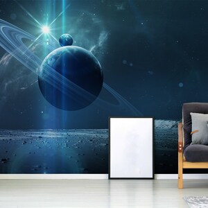 Beautiful Blue Wallpaper With a Ring Planet, Self Adhesive, Peel and ...