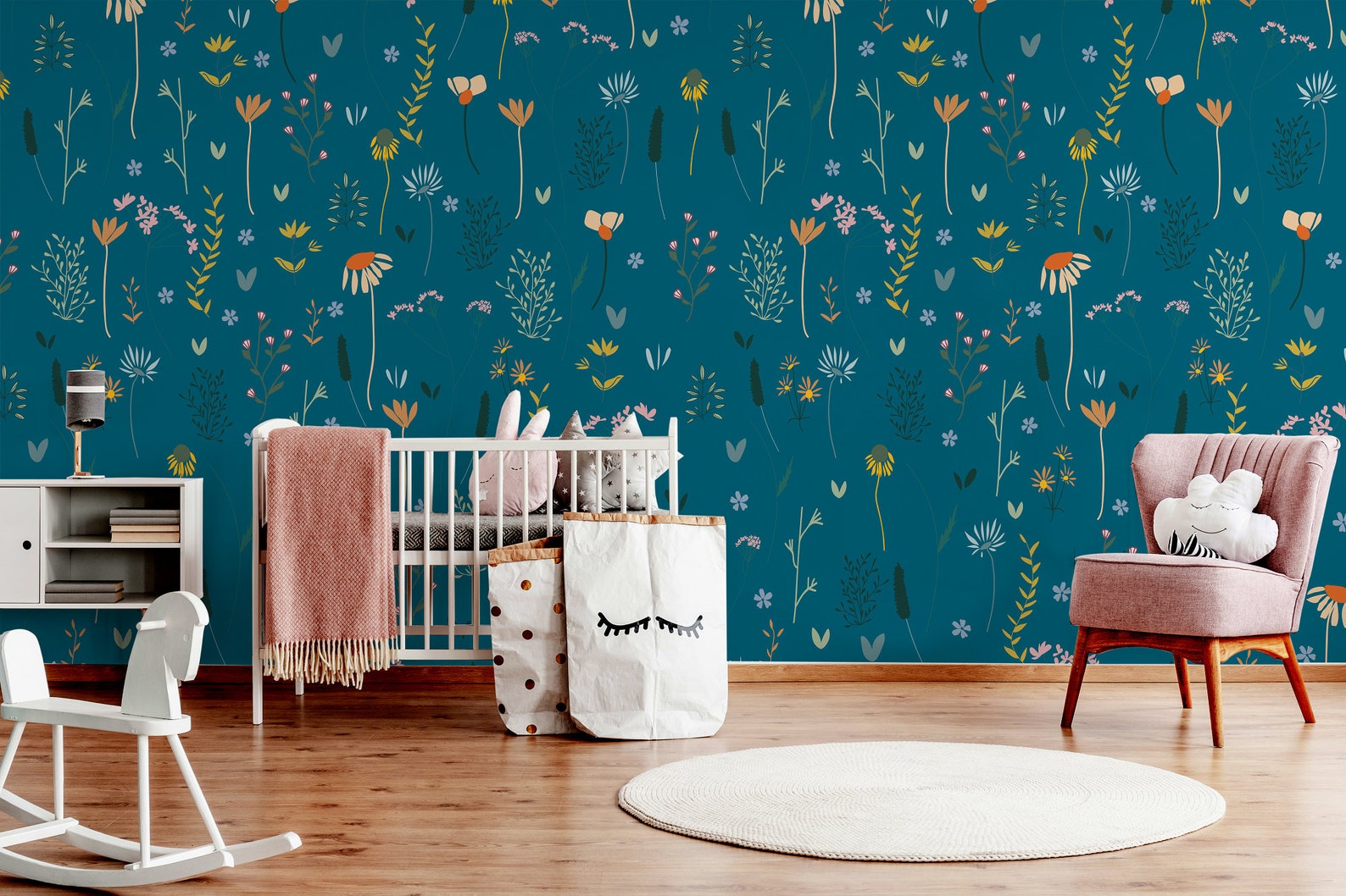 Blue Wallpaper With Colorful Floral Pattern Wallpaper for - Etsy