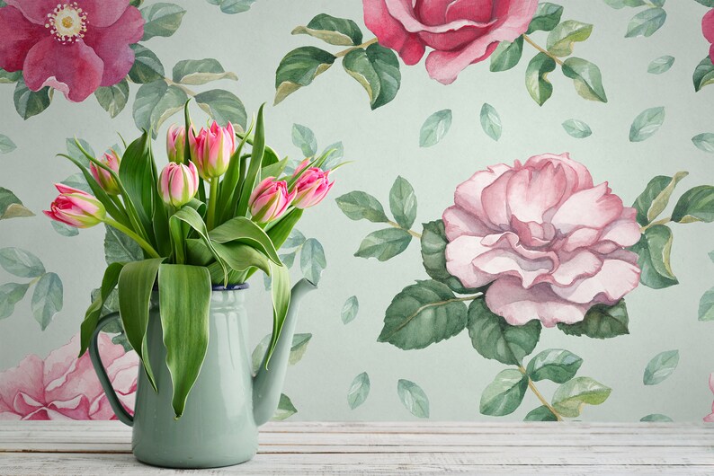 Mint Green Wallpaper With Watercolor Pink Roses Peel and - Etsy