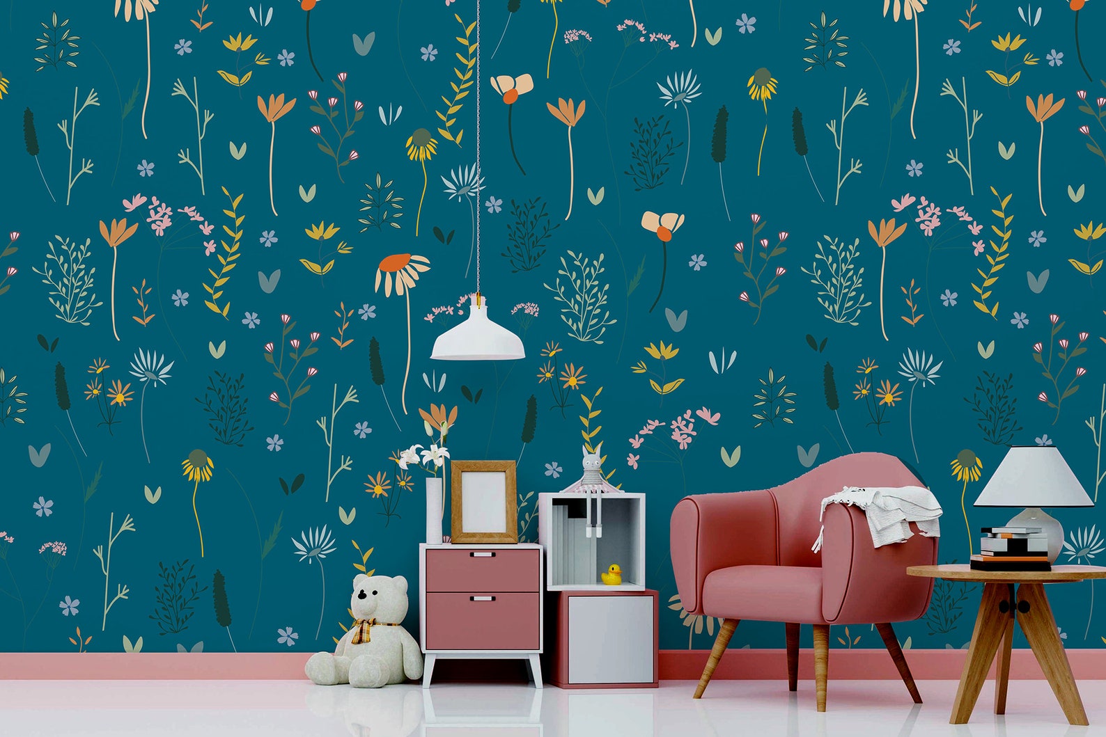 Blue Wallpaper With Colorful Floral Pattern Wallpaper for | Etsy