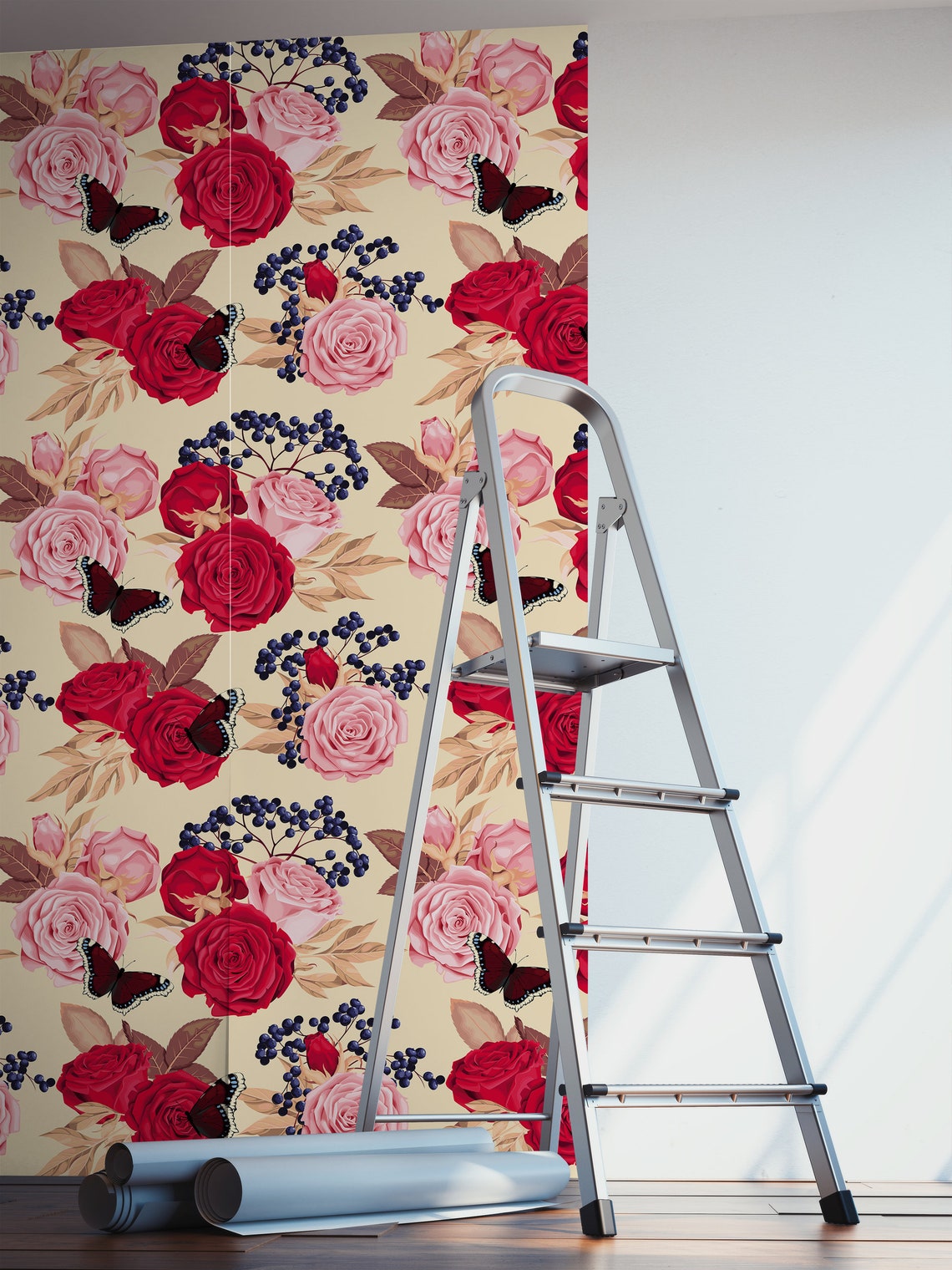 Wallpaper With Pink and Red Roses & Butterflies Self - Etsy