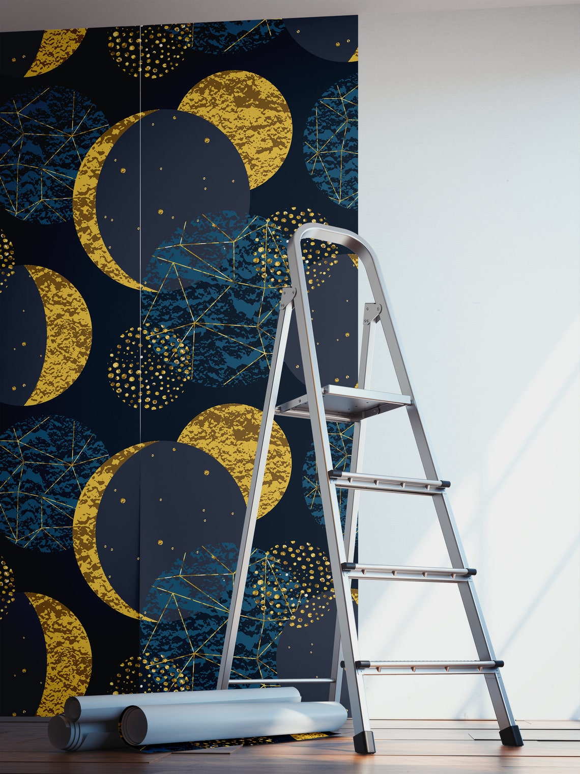 Navy Wallpaper With Moon Pattern Self Adhesive Peel and - Etsy