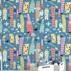 Blue Wallpaper With Colorful Cartoon Buildings || for Kids, Self ...