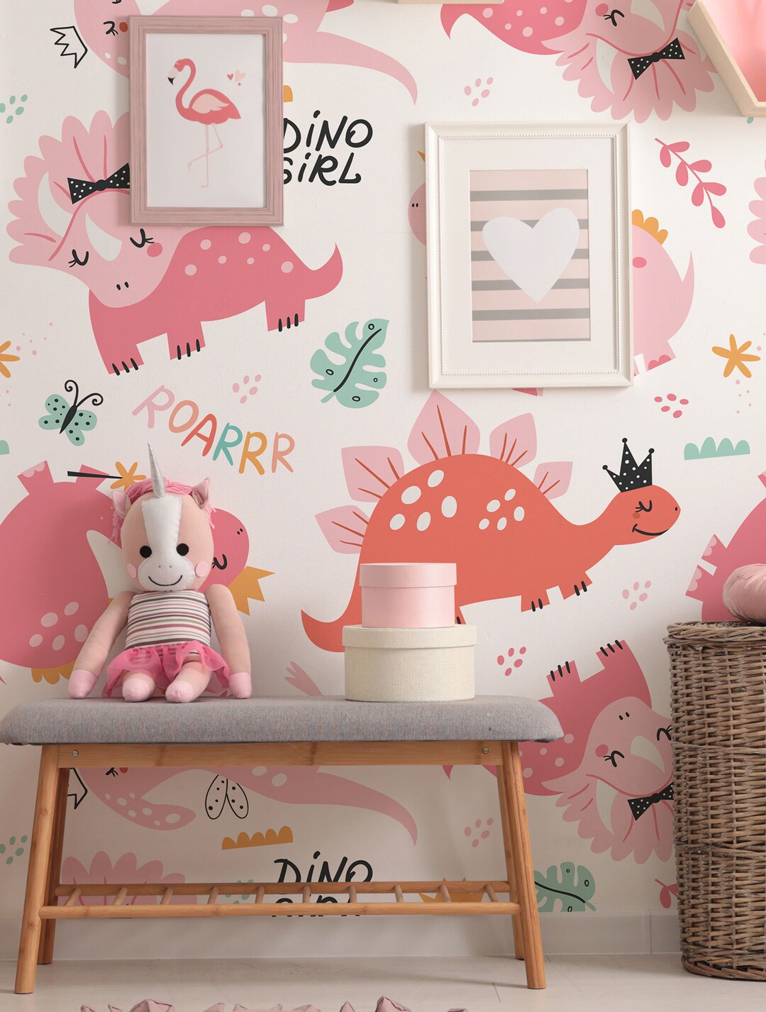 Pink Dinosaur Girls Room Wallpaper, Nursery Pattern, Kids Wallpaper ...