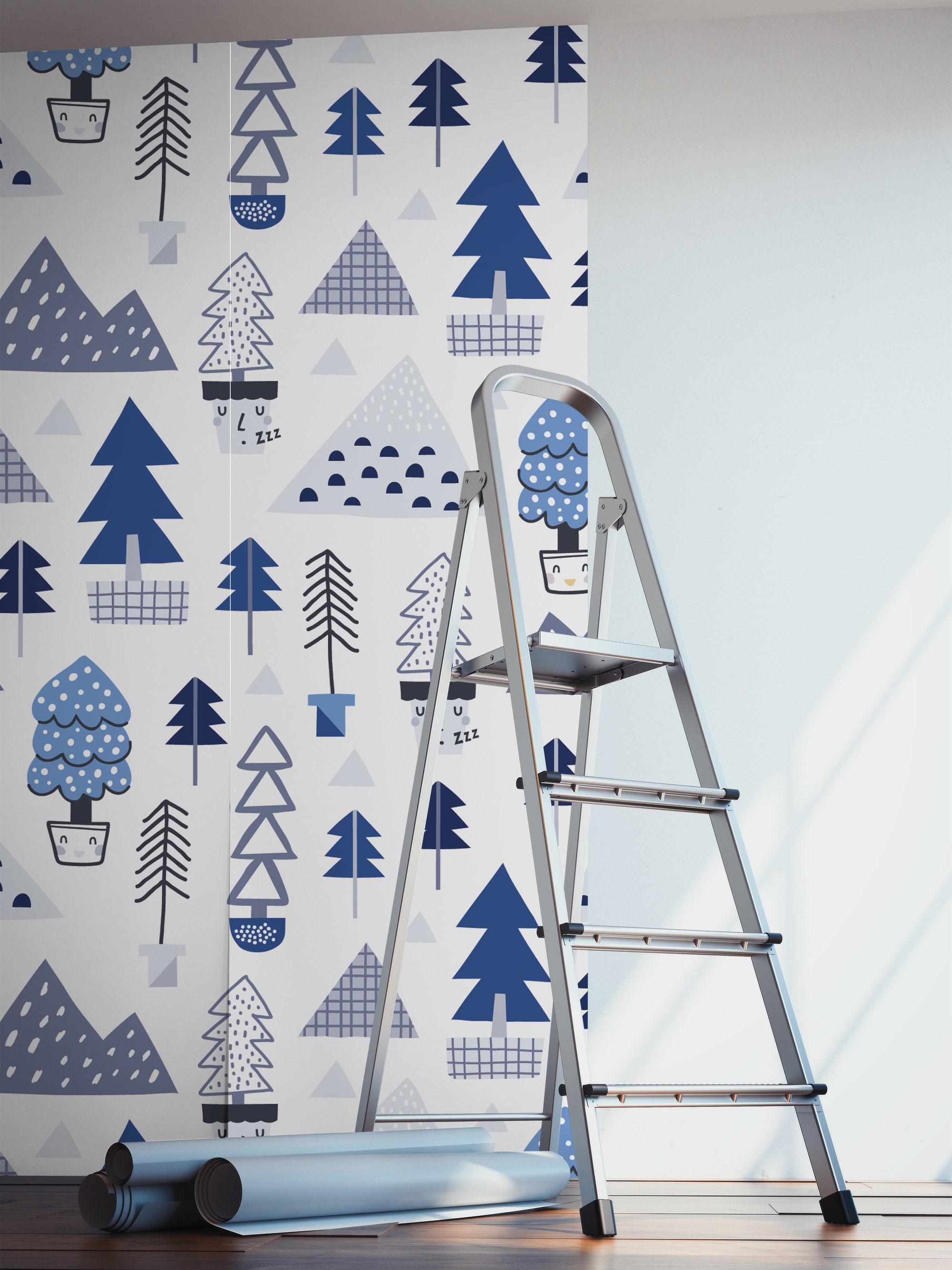 White Wallpaper With Blue Tree Pattern for Kids Self - Etsy
