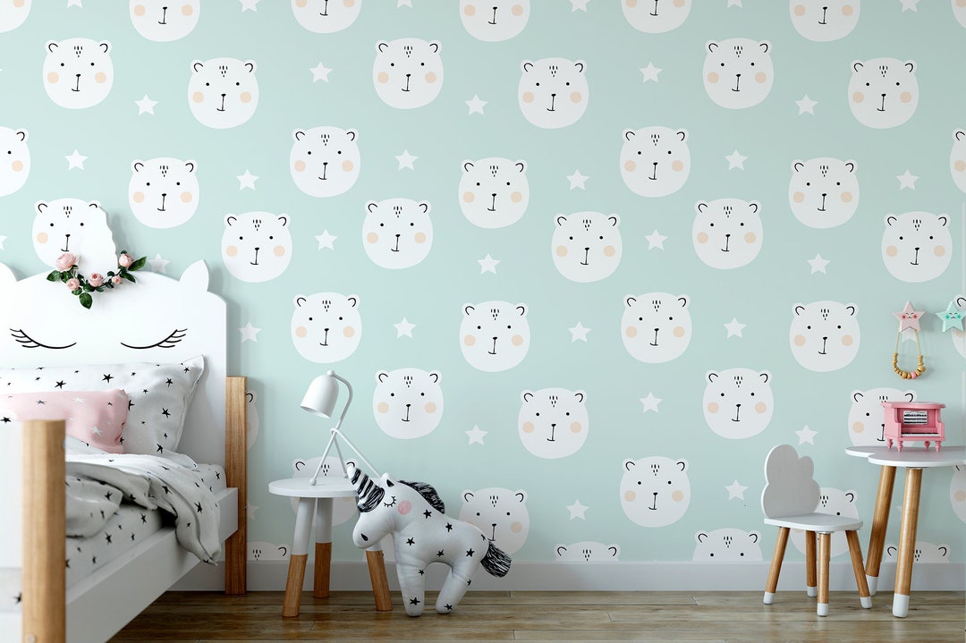 Baby Blue Wallpaper With White Bear Pattern || for Kids, Nursery ...