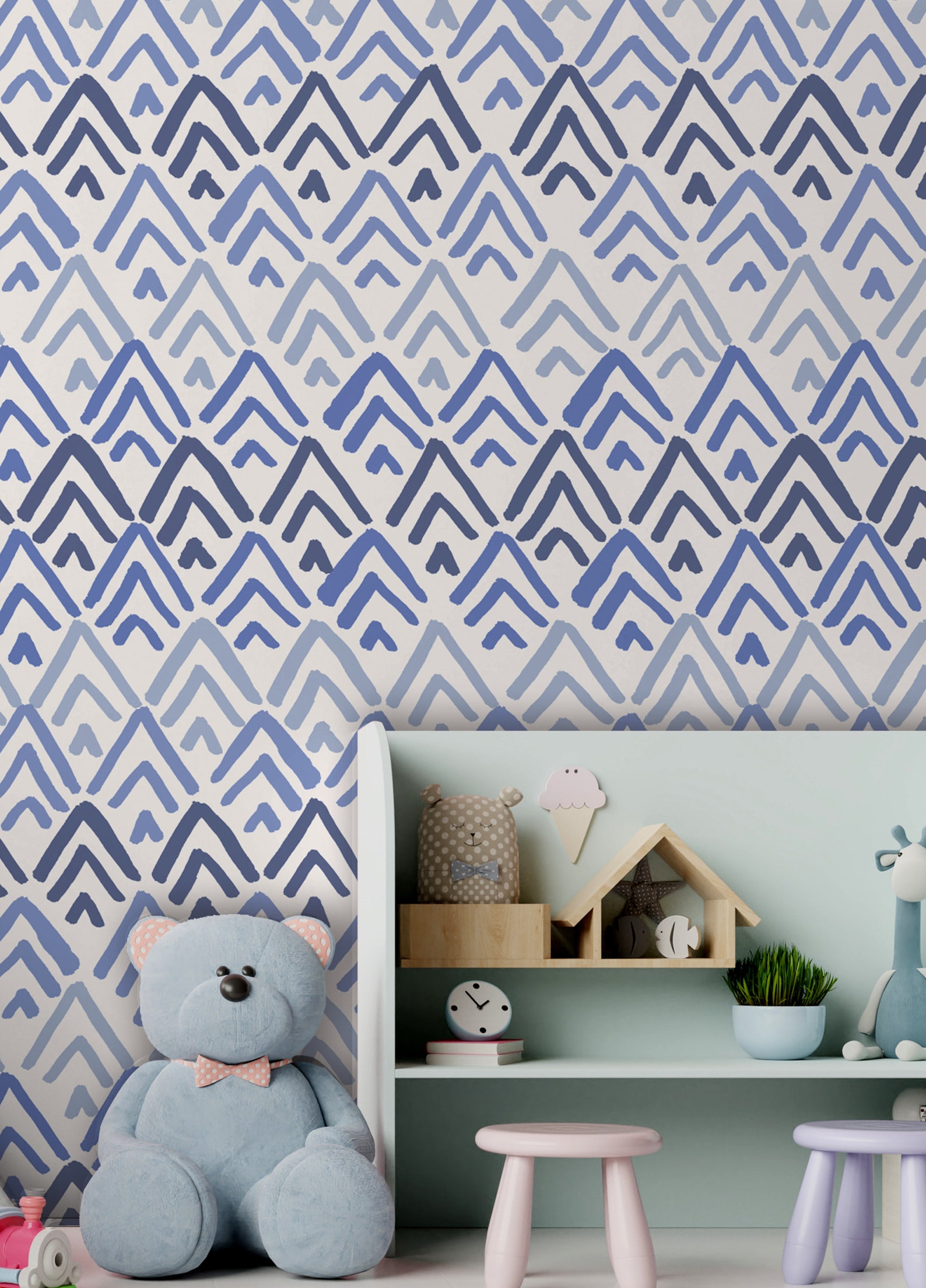 Blue Geometric Conifer Tree Pattern Wallpaper for Kids | Etsy