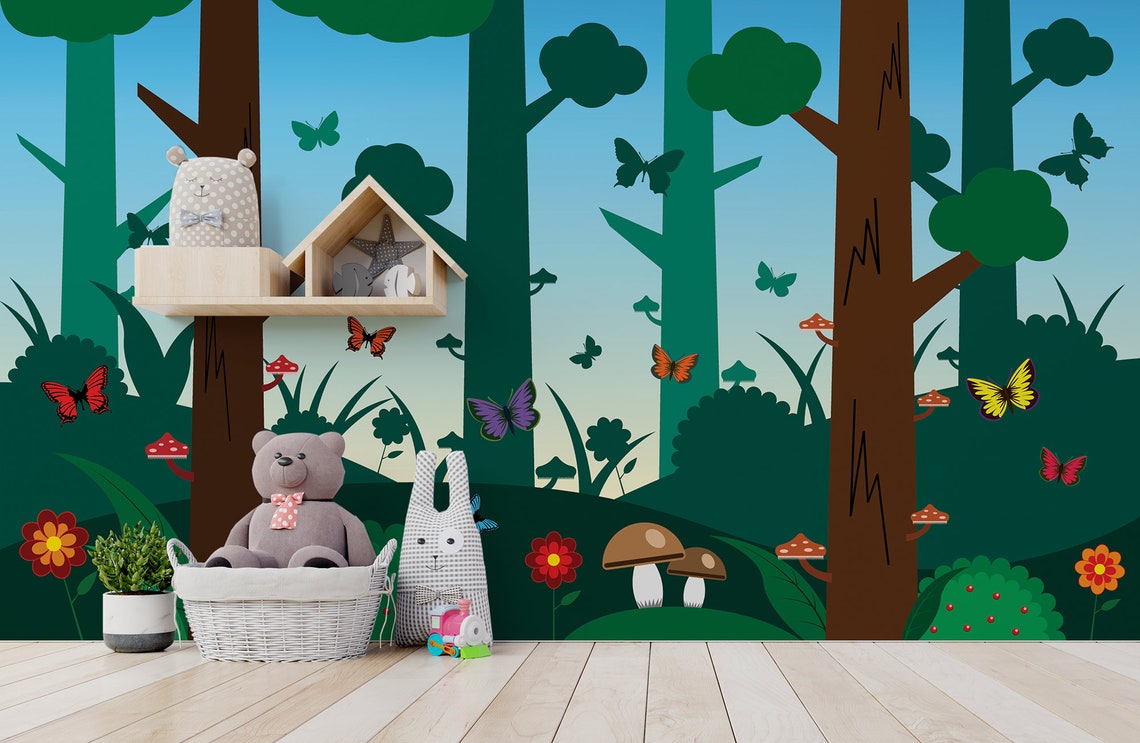Cartoon Forest Wallpaper With Butterflies for Kids Nursery - Etsy