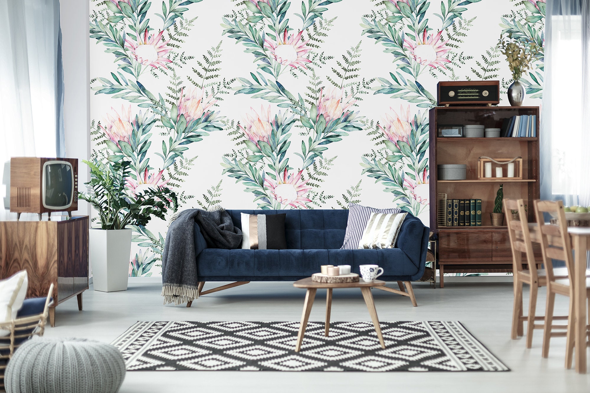 Botanical Wallpaper With Green Leaves & Pink Flowers Self - Etsy