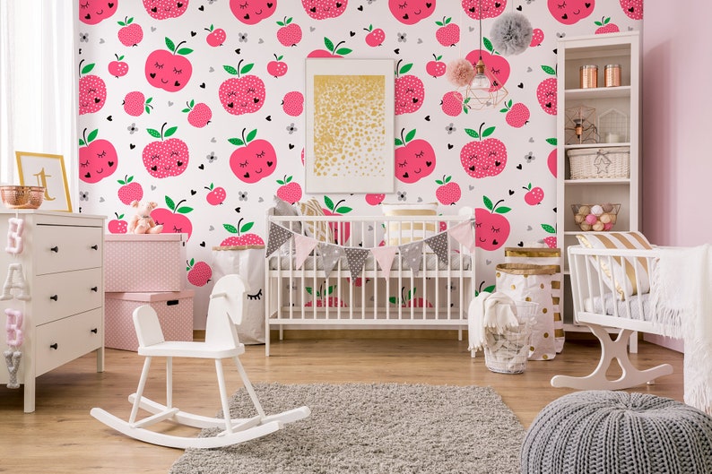 Pink Abstract Wallpaper With Smiling Apples for Kids Self | Etsy
