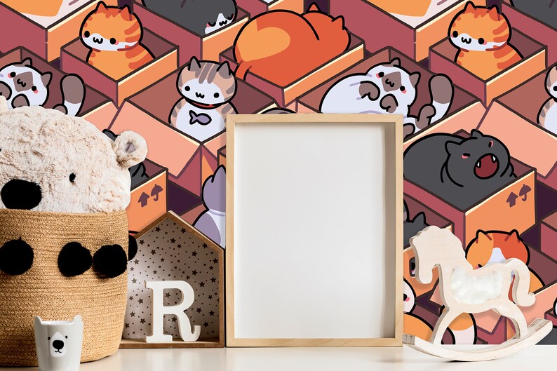 Cartoon Wallpaper With Cute Cats in Boxes Wallpaper for Kids - Etsy