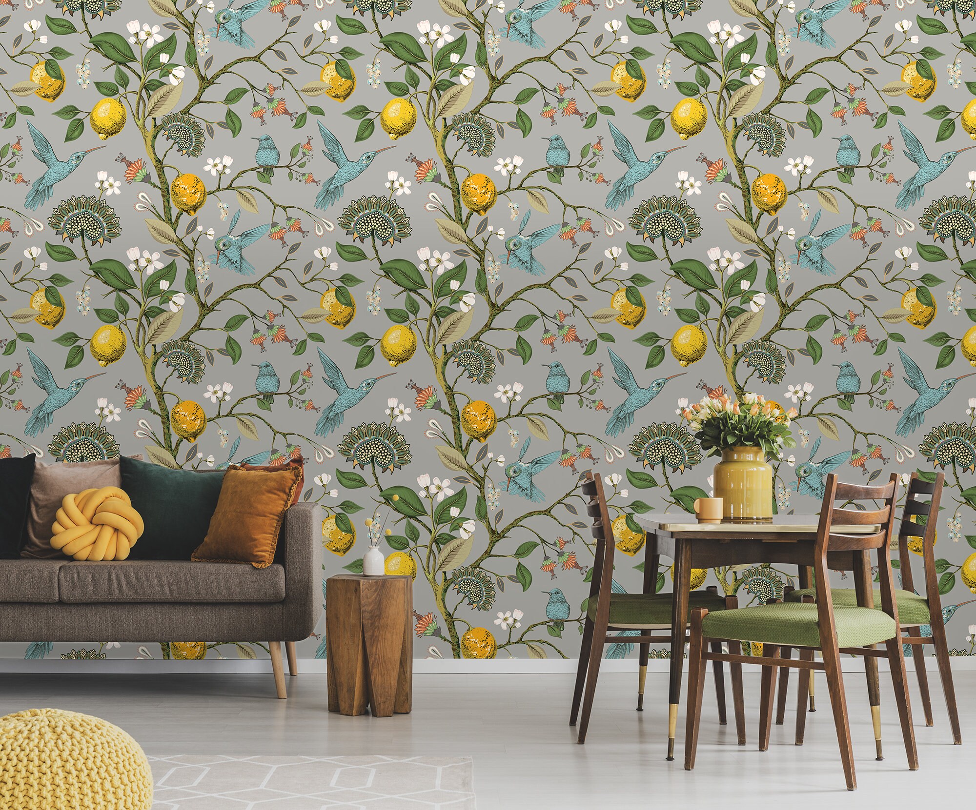 Wallpaper With Blue Birds and Lemon Fruits, Self Adhesive, Peel and ...