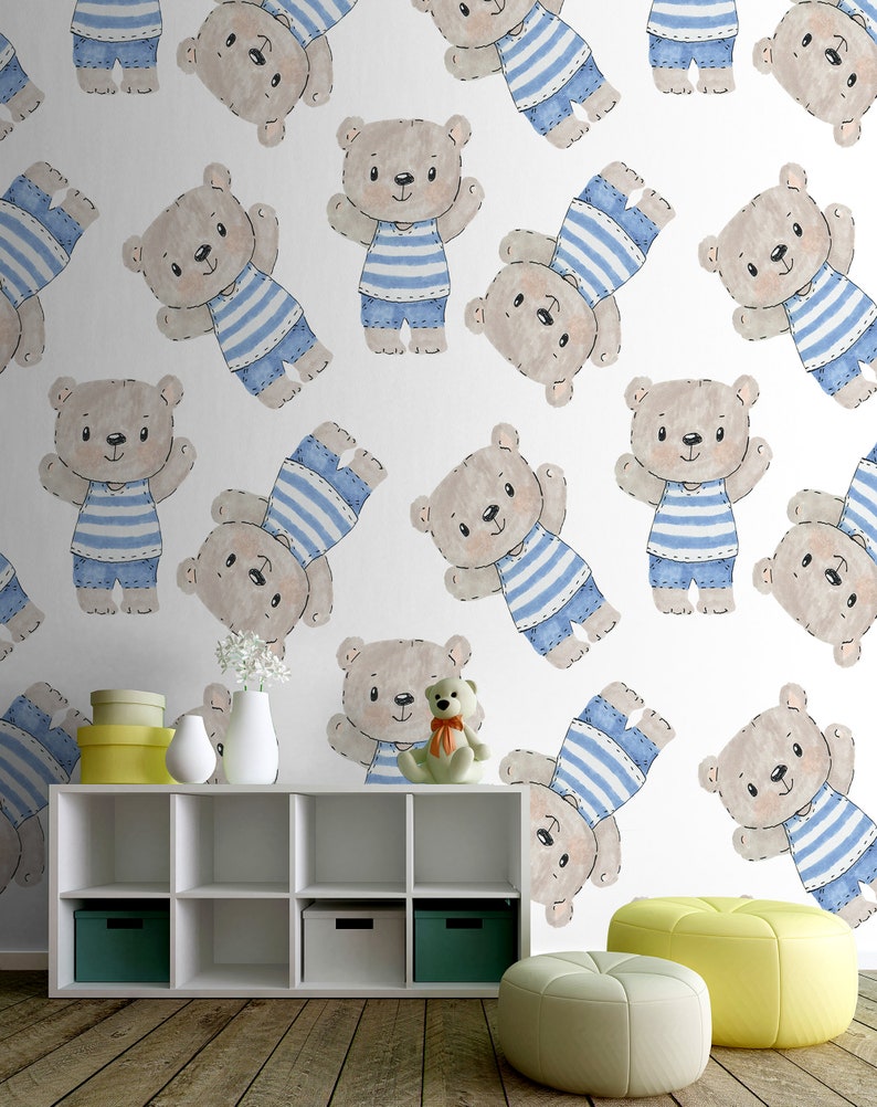 White Wallpaper With Teddy Bear Pattern for Kids Self - Etsy